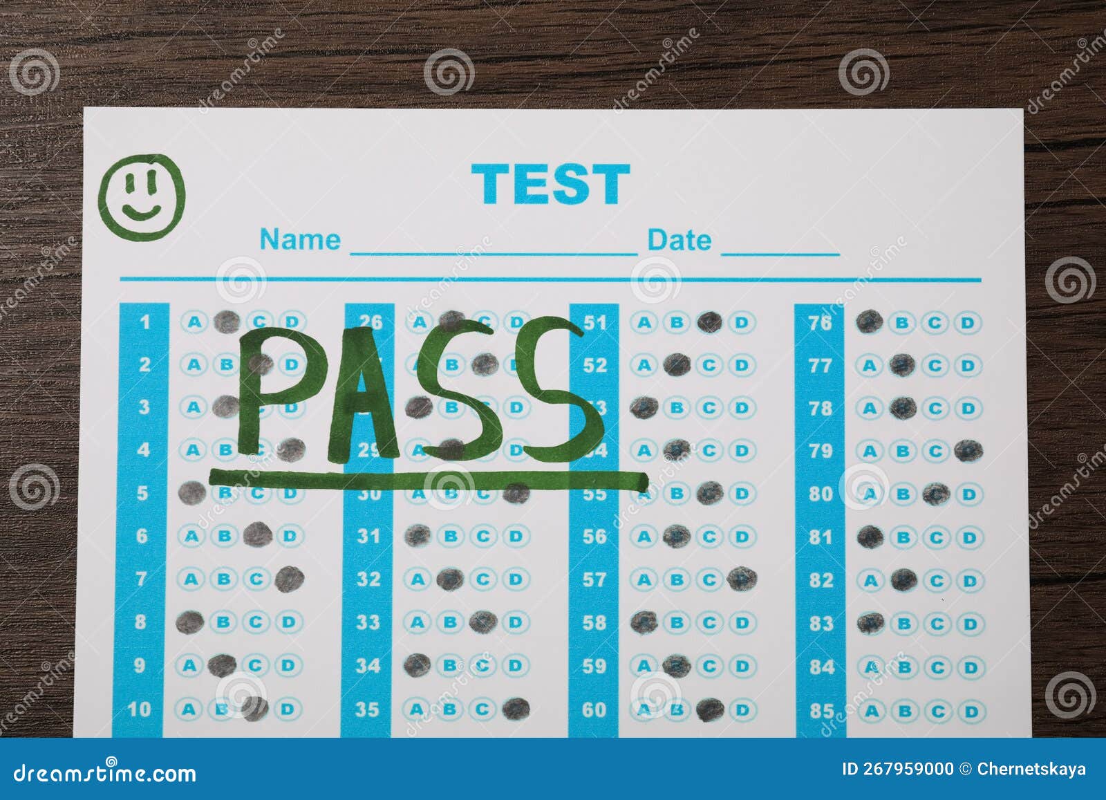 Answer Sheet with Word Pass on Wooden Table, Top View. Student Passing ...