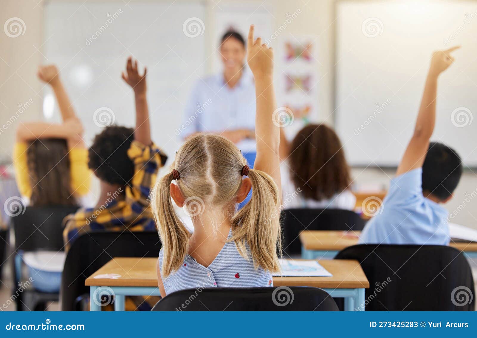 Answering, Back and Children Raising Hand in Class for a Question ...