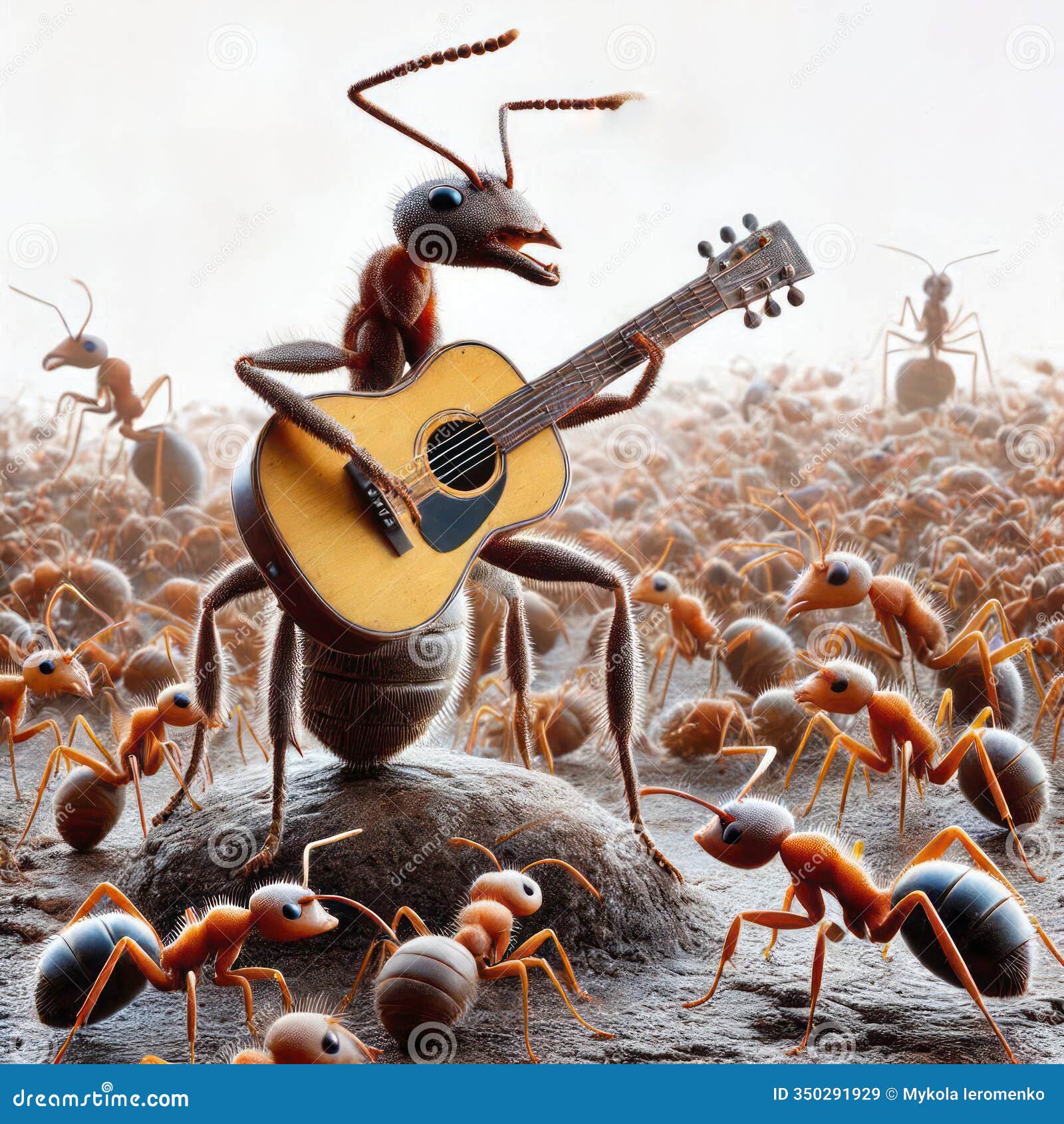 An Ant with a Guitar Performing in Front of Ants. Stock Image - Image ...