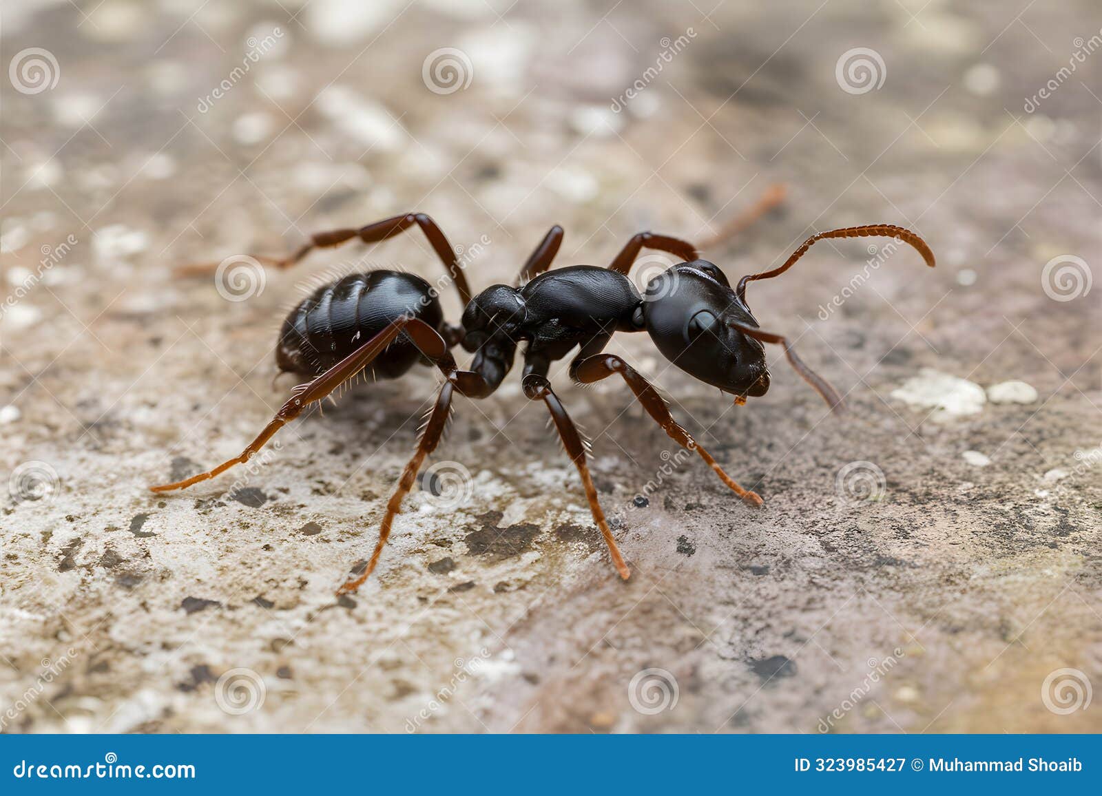 Ant in Motion on Rough, Speckled Surface, Dark Body and Legs ...