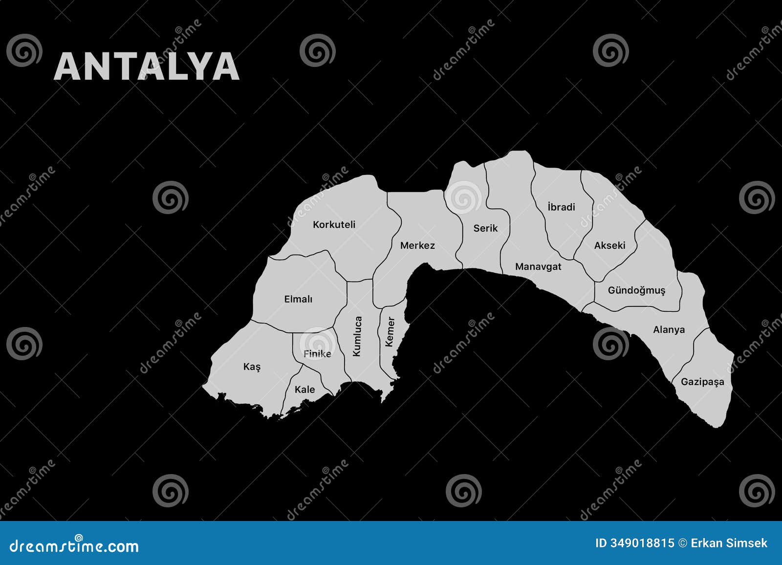 Antalya District Map, Isolated City Map in Turkey Stock Vector - Illustration of government ...