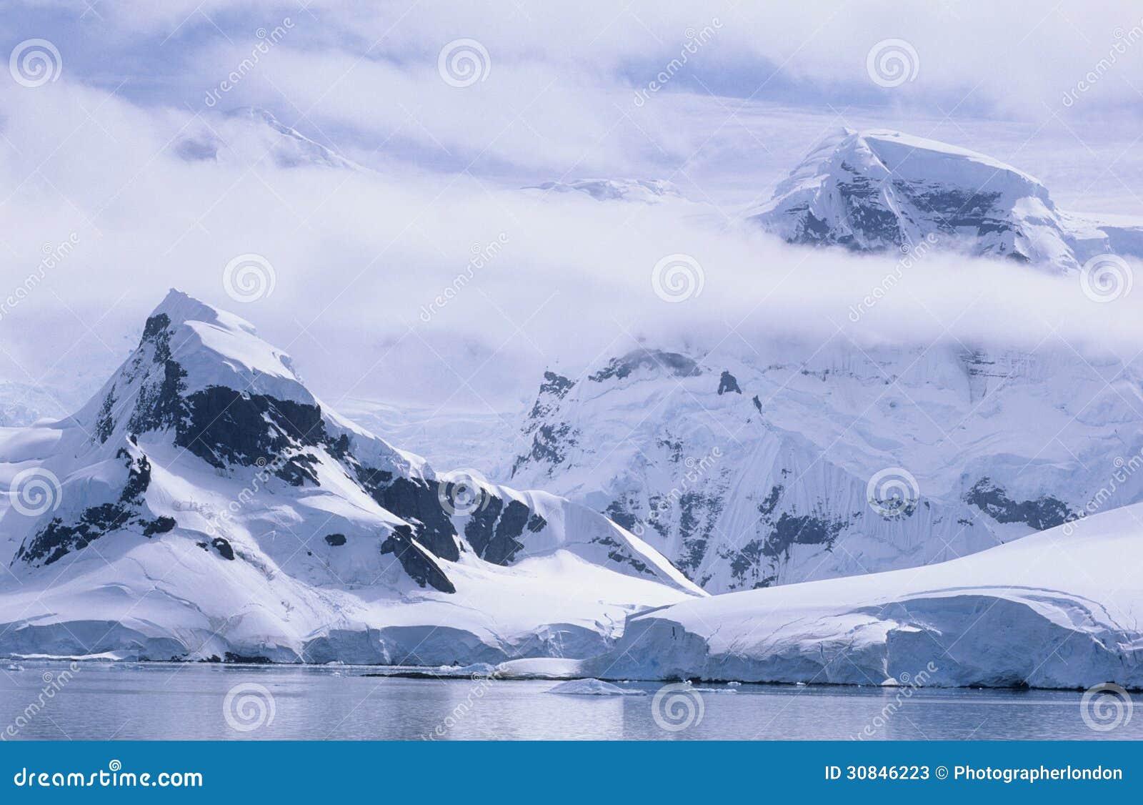 Antarctica Snow Covered Mountains and Icebergs Stock Image - Image of ...