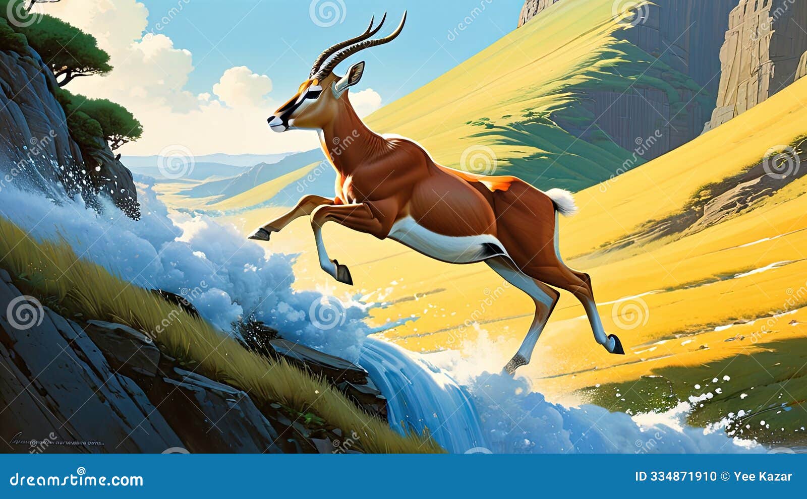 Antelope Leaping Over Waterfall. Stock Illustration - Illustration of ...