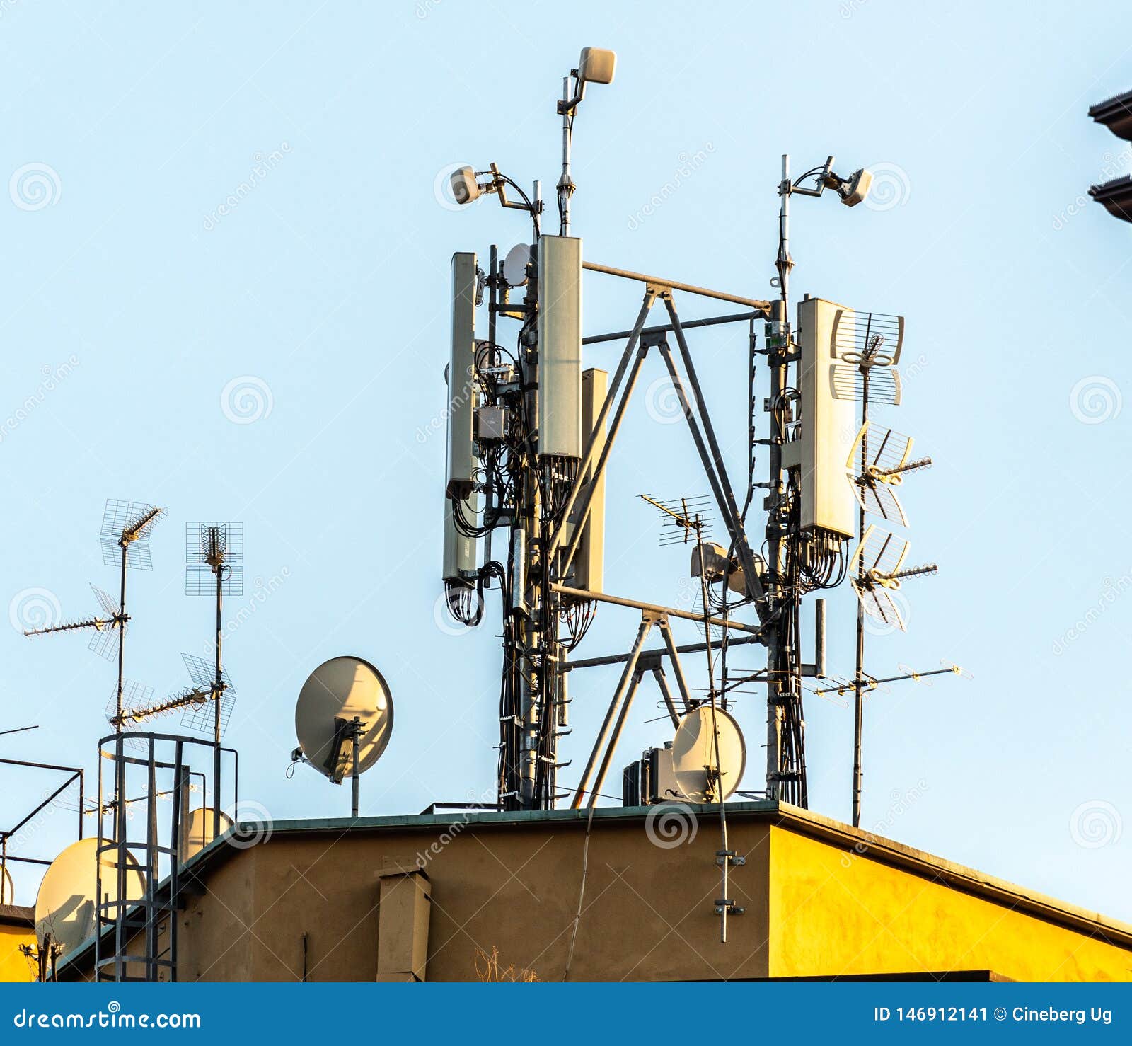 Antenna and cell tower stock image. Image of install - 146912141