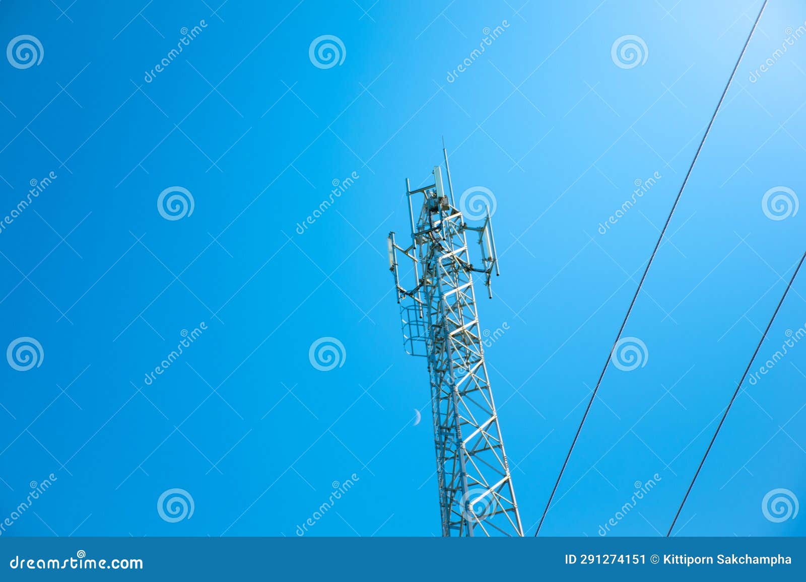 Antenna Telecommunications and Cable on Moon and Clear Sky Background ...
