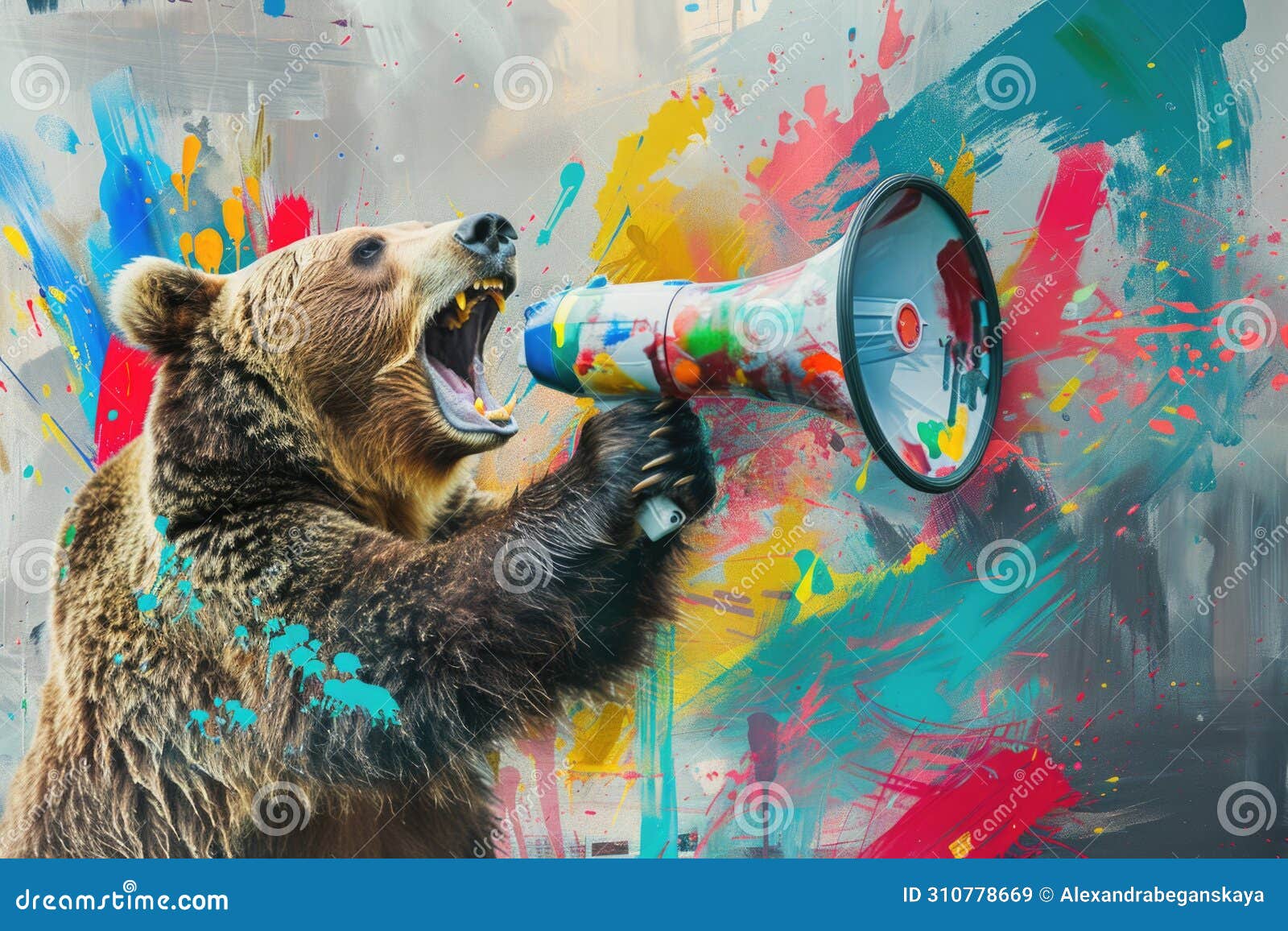 Anthropomorphic Bear Shouting into a Megaphone with Abstract Painted ...