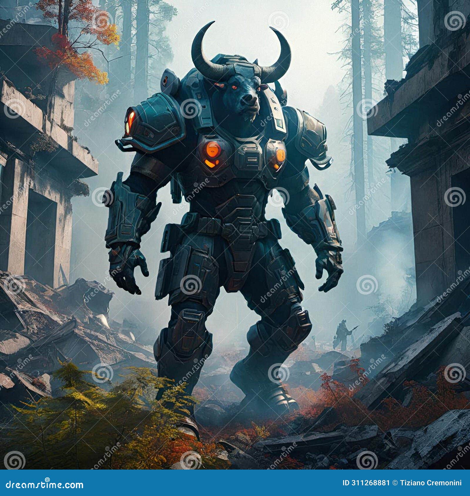 Anthropomorphic Bull Soldier Exploring the Forest, Science Fiction ...