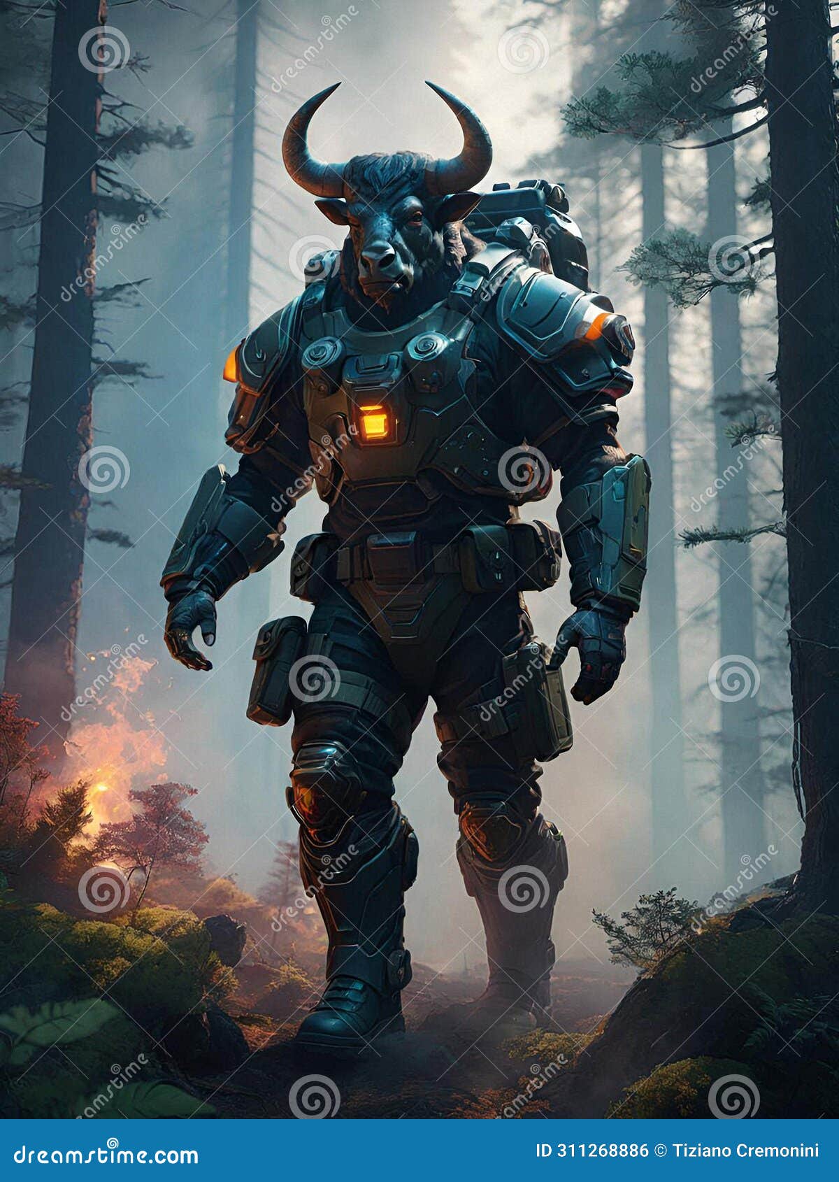 Anthropomorphic Bull Soldier Exploring the Forest, Science Fiction ...