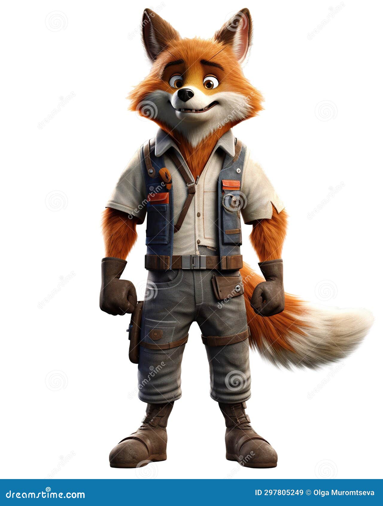 An Anthropomorphic Fox in a Blue Work Suit with a Tool on the Belt and ...