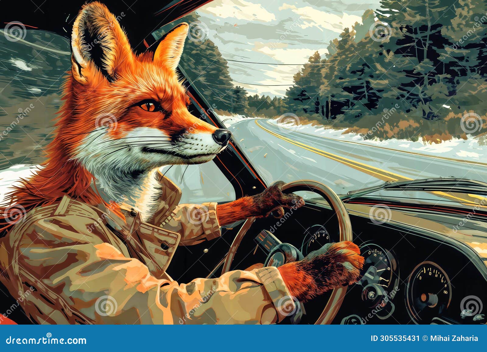 Anthropomorphic Fox Driving Vintage Car. Created with Generative AI ...