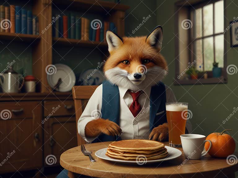 Anthropomorphic Fox Enjoying Breakfast in a Cozy Kitchen Setting Stock ...
