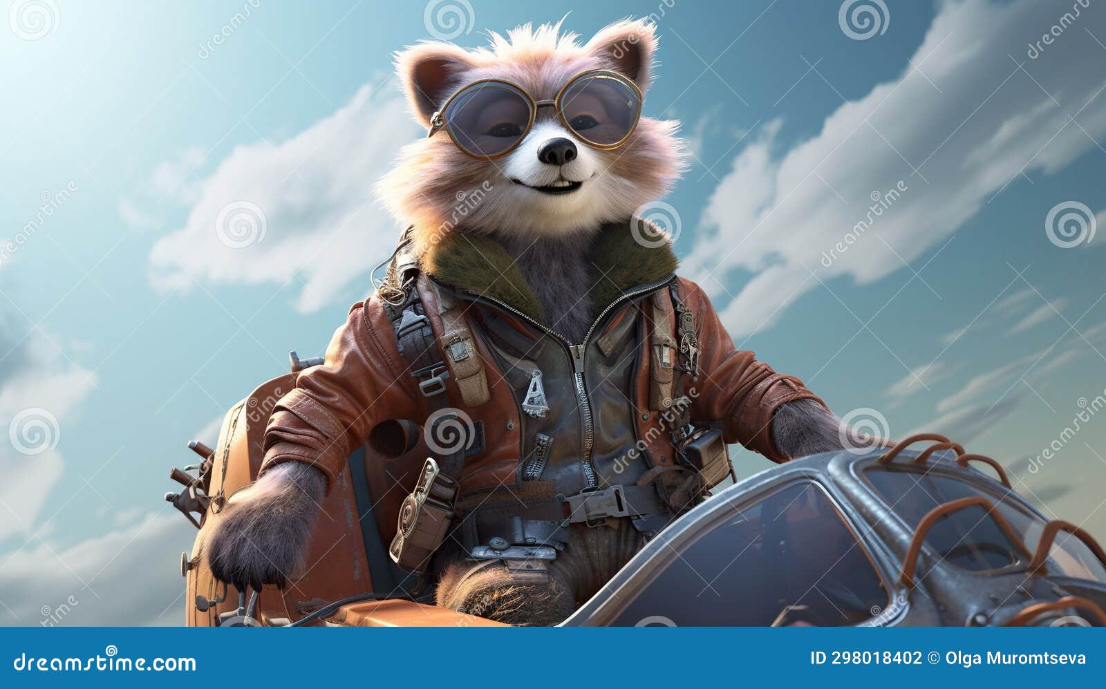 An Anthropomorphic Fox in Glasses and a Leather Jacket Flying by Plane ...
