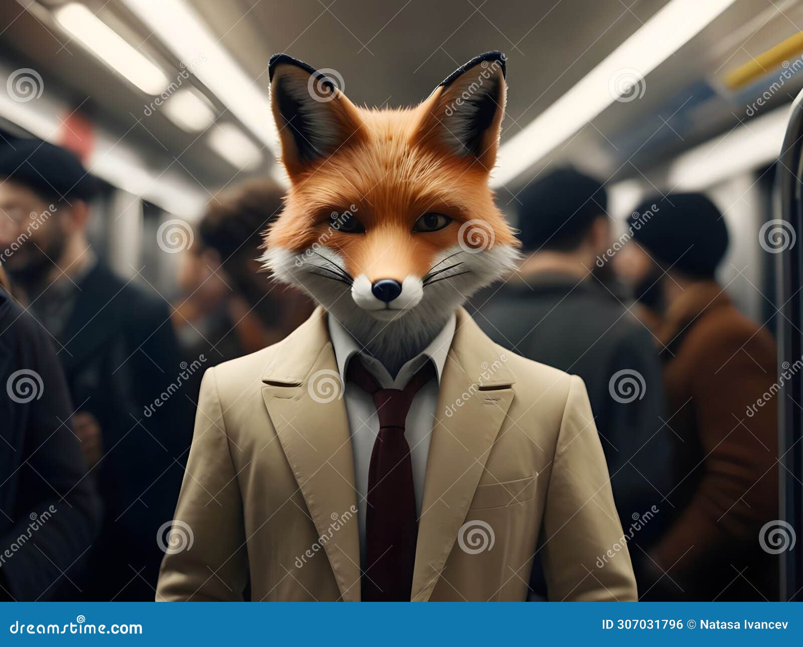 Anthropomorphic Fox in Modern Clothes Standing Inside the Train of a ...