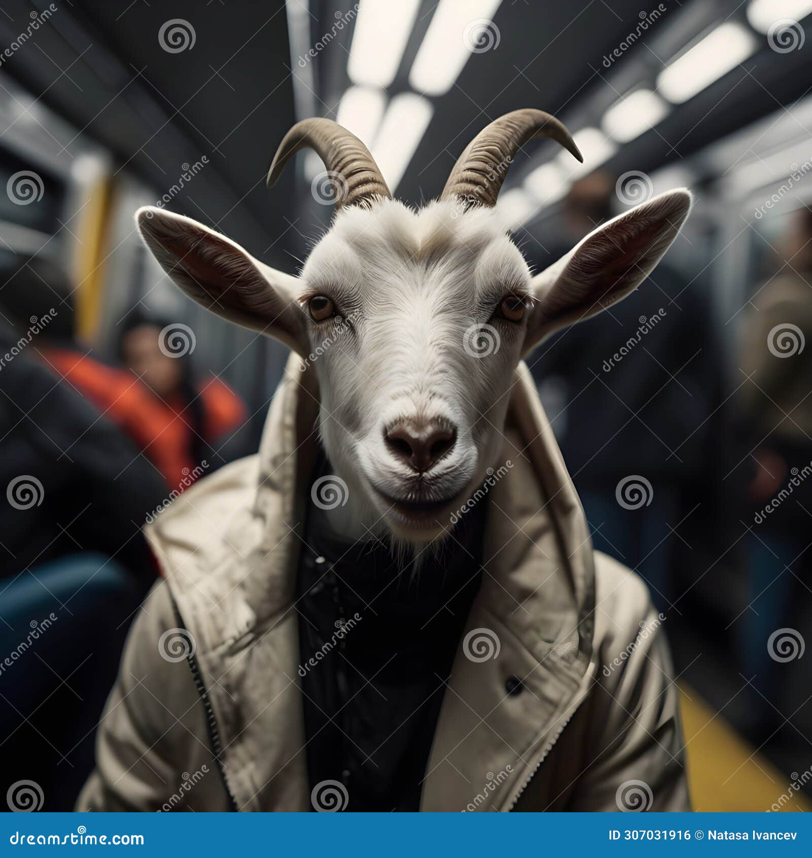 Anthropomorphic Goat In Modern Clothes Standing Inside The Train Of A ...