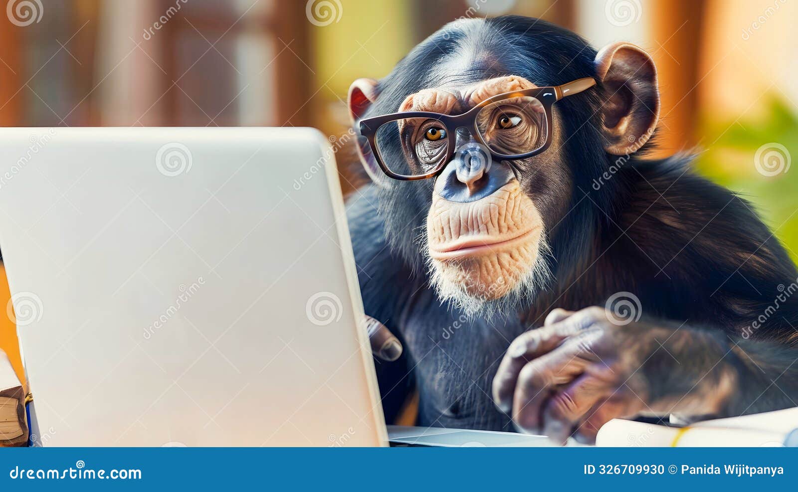 Anthropomorphic Monkey Wearing Glasses Intently Working on Laptop ...