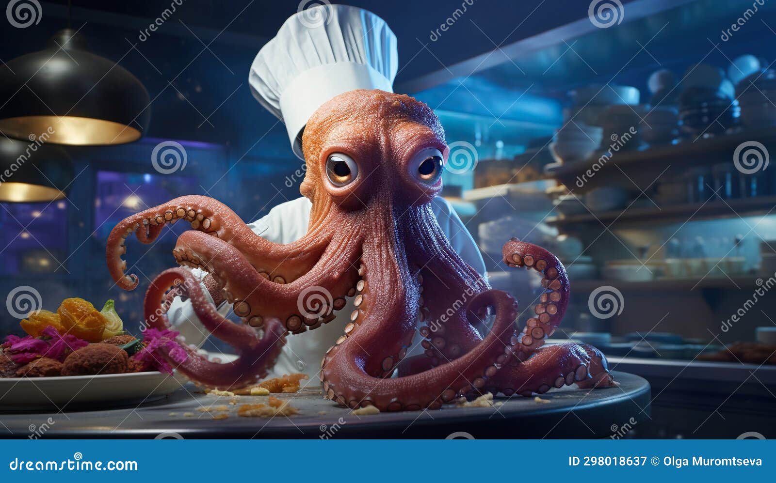 An Anthropomorphic Octopus Chef in a Chef S Hat is Cooking Food in a ...