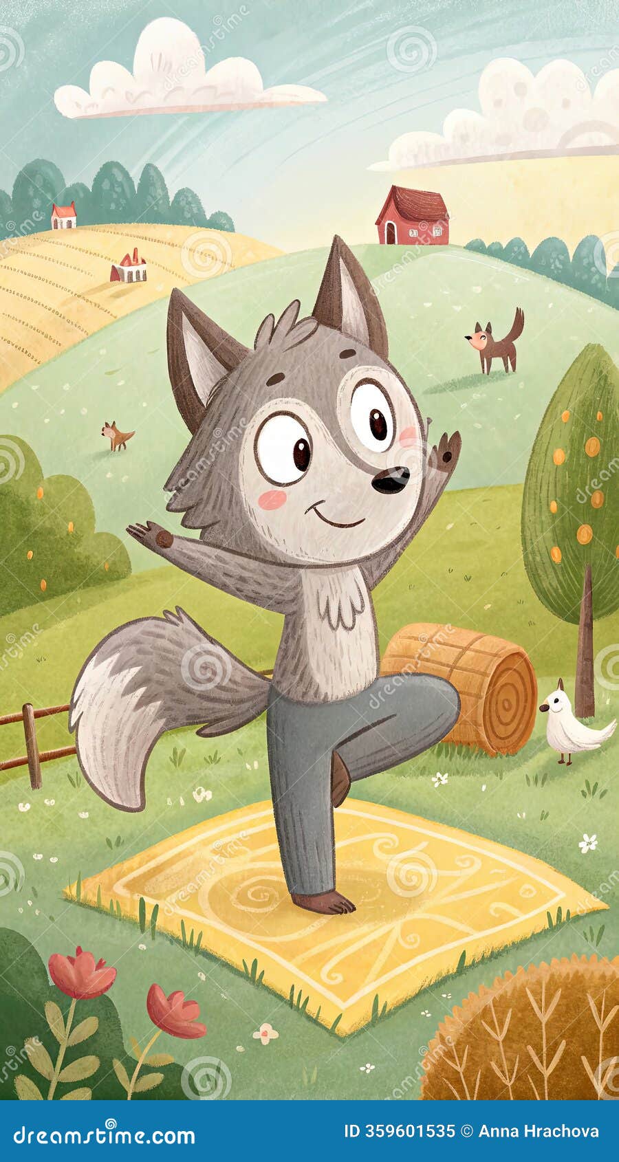 Anthropomorphic Wolf in a Peaceful Farm Setting Performs a Yoga Pose on ...