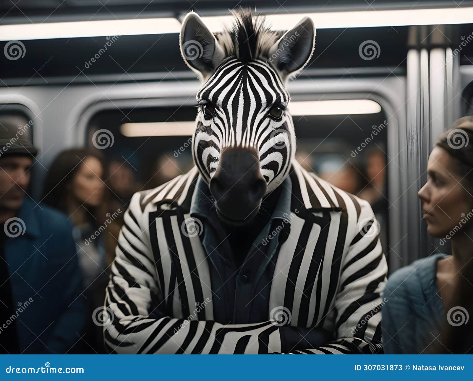 Anthropomorphic Zebra in Modern Clothes Standing Inside the Train of a ...