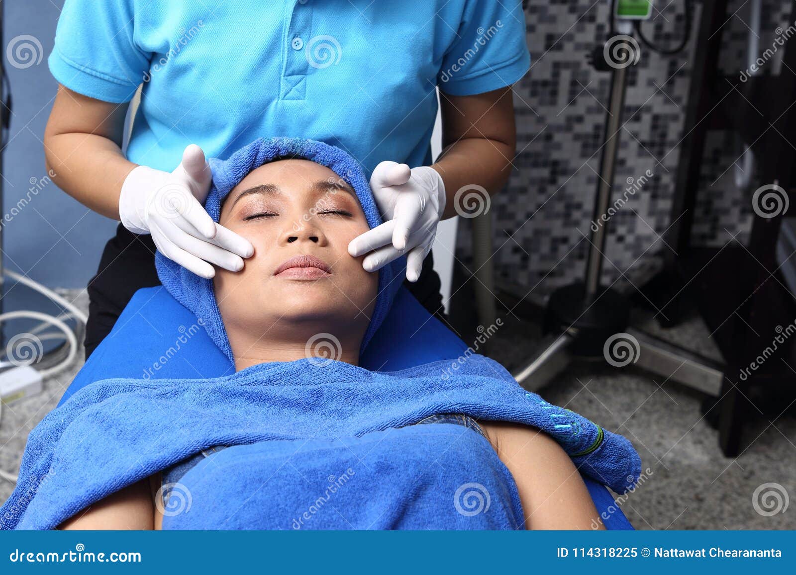 Anti Aging Facial Treatment With Cream Massage On Woman Face Stock