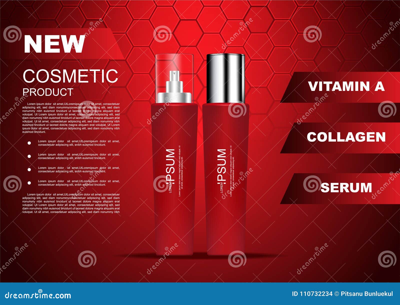 Anti-aging Serums with Ingredients on Red Hexagons Background Vector ...