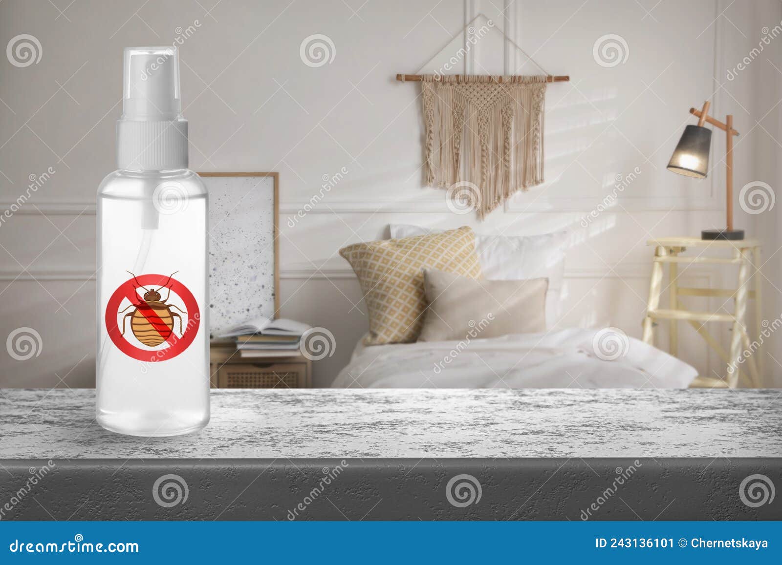 Anti Bed Bug Spray on Stone Table in Bedroom. Space for Text Stock ...