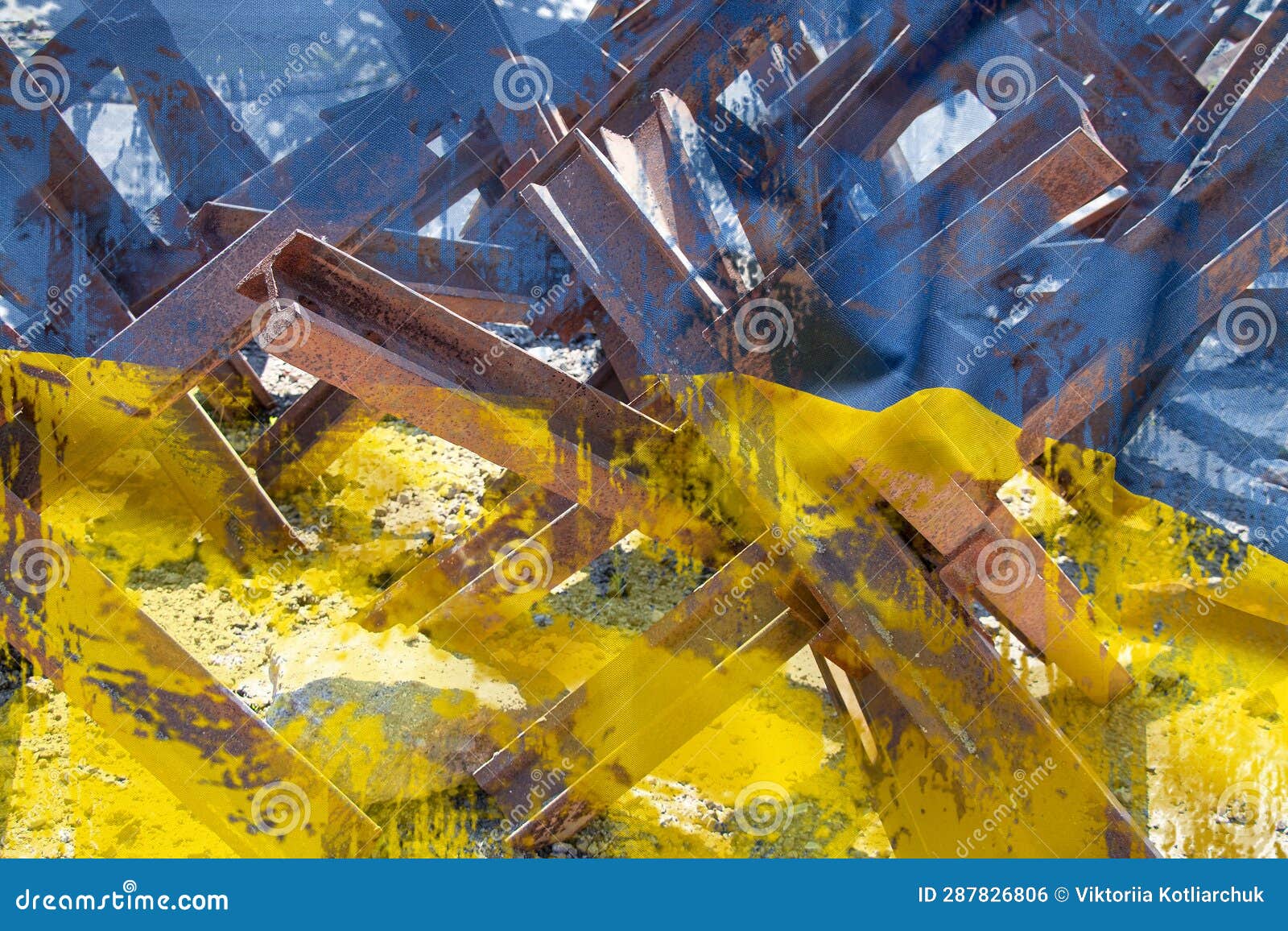 Anti-tank Hedgehogs Against the Background of the Flag of Ukraine Stock ...