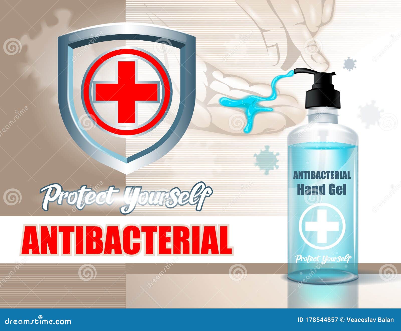 Antibacterial Agent with Hands on the Background. Vector Graphics ...