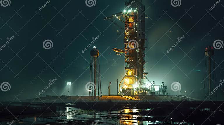Anticipation and Technology Theme, Nighttime Launchpad with Rocket ...