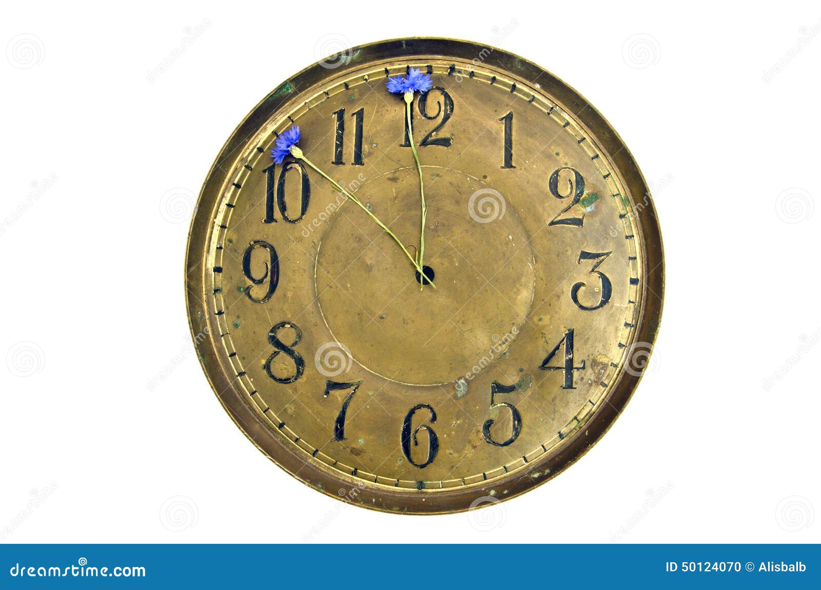 Antigue Brass Clock Dial with Cornflowers Arrows Isolated on White ...