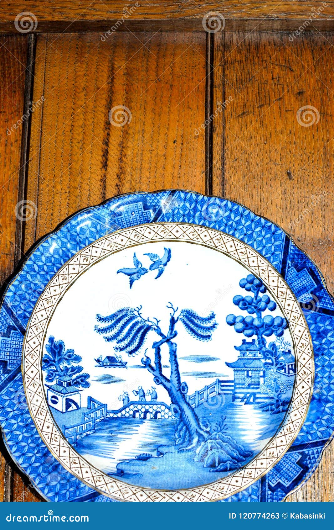 Antique Blue and White Willow Pattern China Plate Stock Image - Image ...