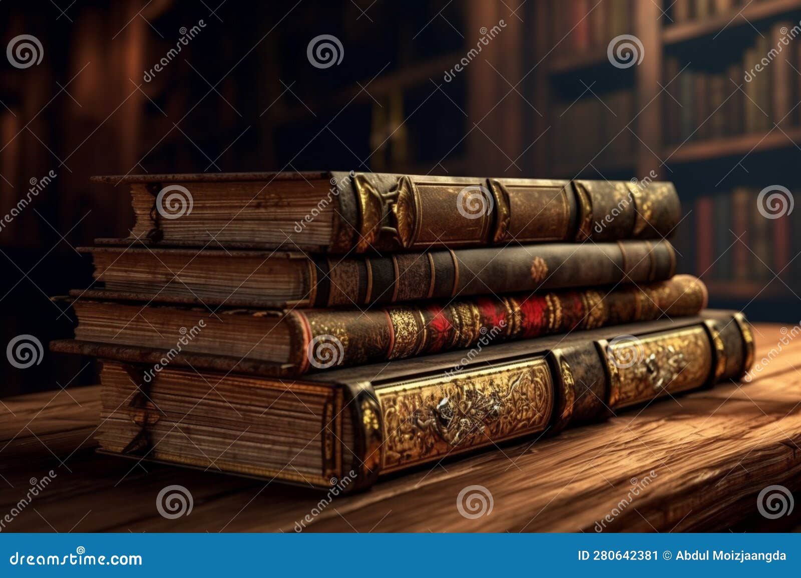Antique Book Stack on Wooden Table in Medieval Fantasy Setting Stock ...