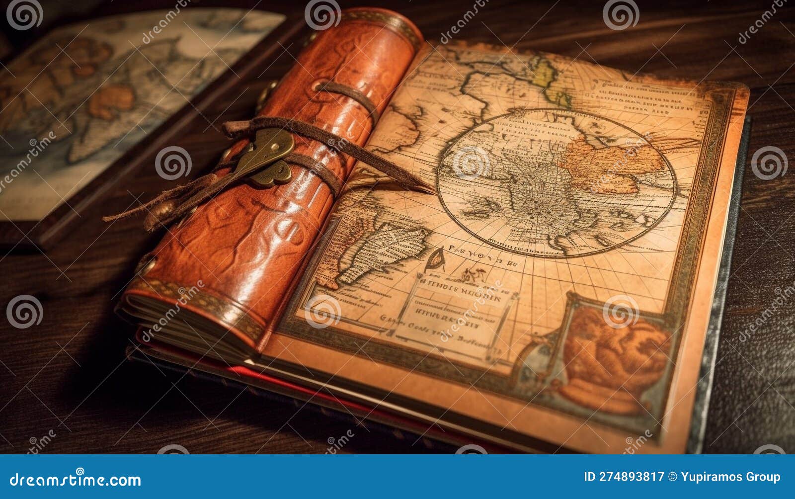 Antique Book on Table, World Map Open Generated by AI Stock ...