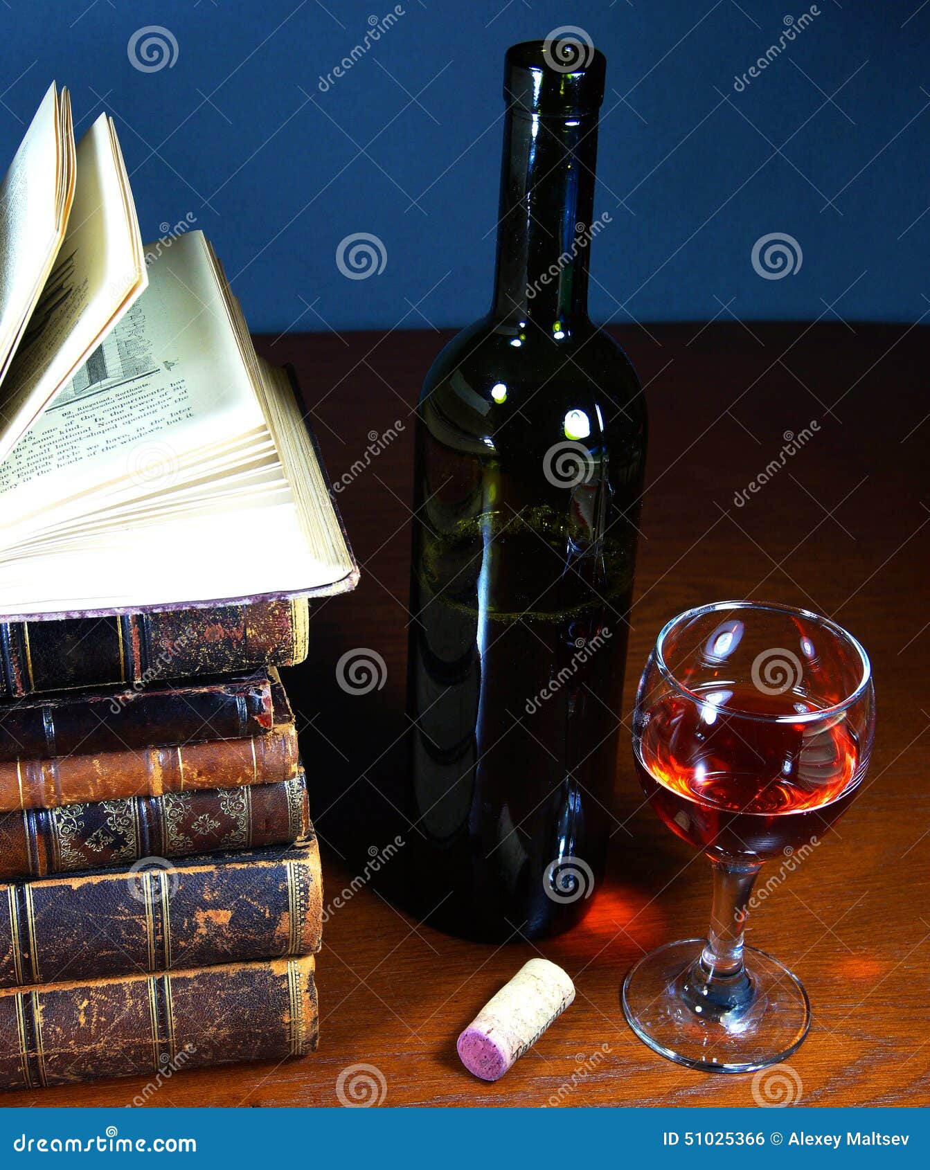 Antique Books, a Glass of Red Wine and Bottle Stock Photo - Image of ...