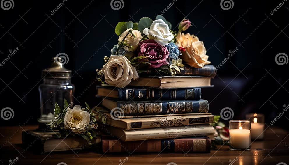 Antique Bookshelf Holds Literature Collection, Candle Flickers ... Antique Bookshelf Holds Literature Collection, Candle Flickers ...