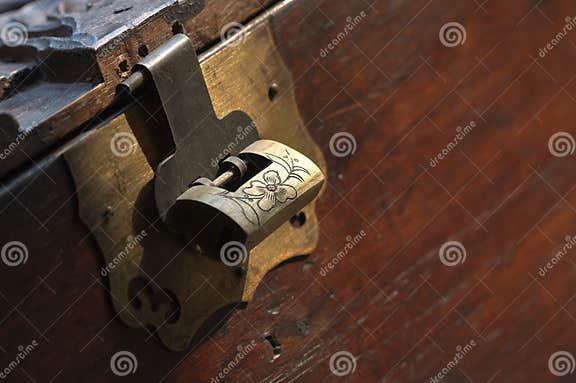Antique box and lock stock image. Image of brass, close - 16378173