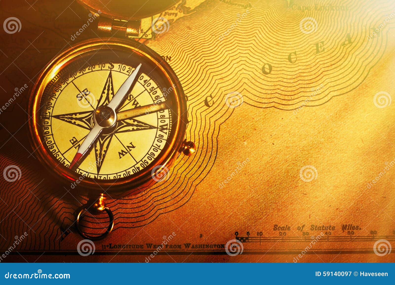 Antique Brass Compass Over Old USA Map Stock Image - Image of closeup ...