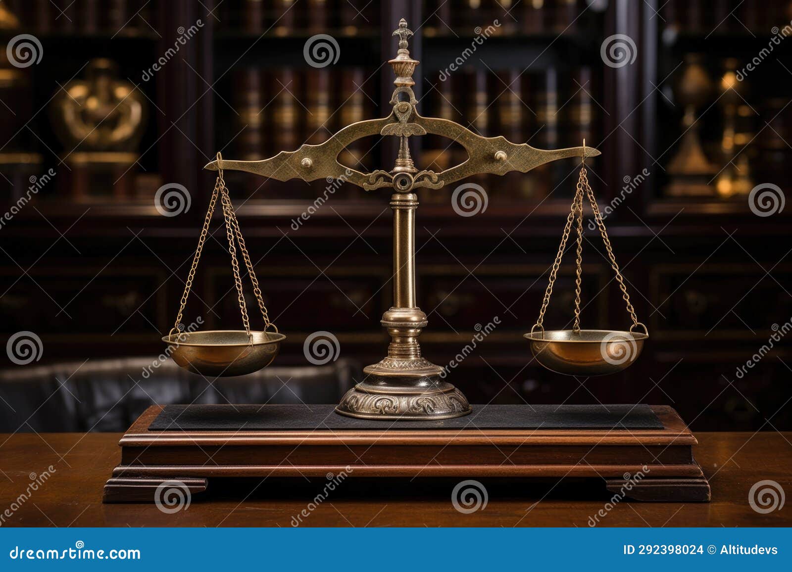 An Antique Brass Scale of Justice on a Polished Oak Desk Stock Photo ...