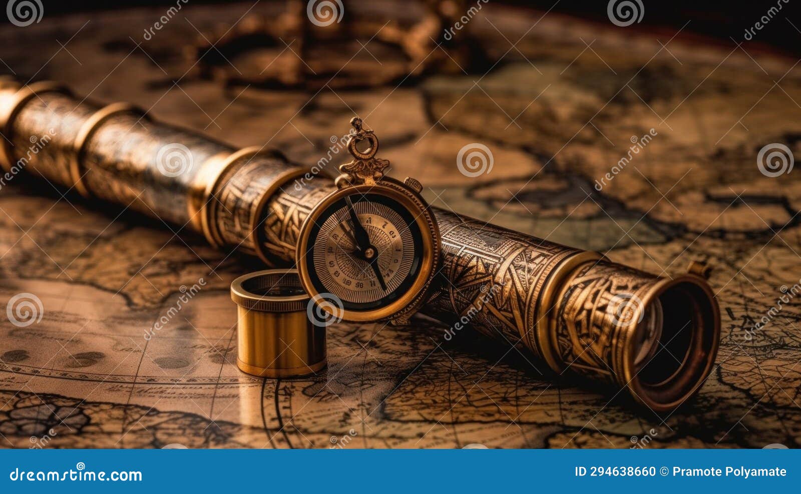 Antique Brass Telescope and Compass Old Times World Map Stock Photo ...