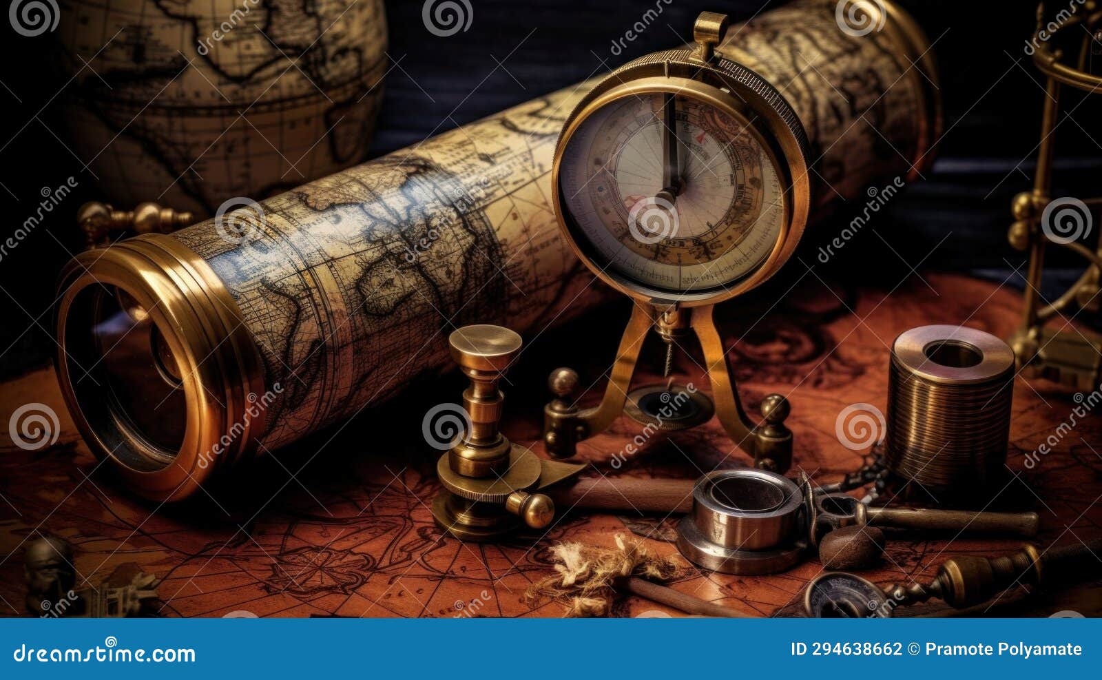 Antique Brass Telescope and Compass Old Times World Map Stock Photo ...