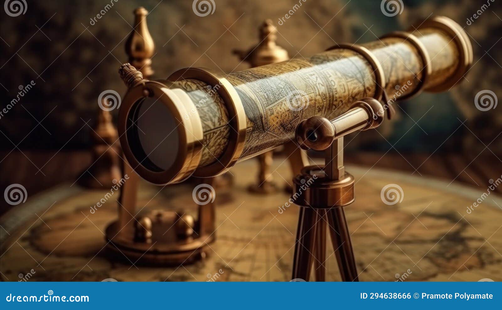 Antique Brass Telescope and Compass Old Times World Map Stock Photo ...