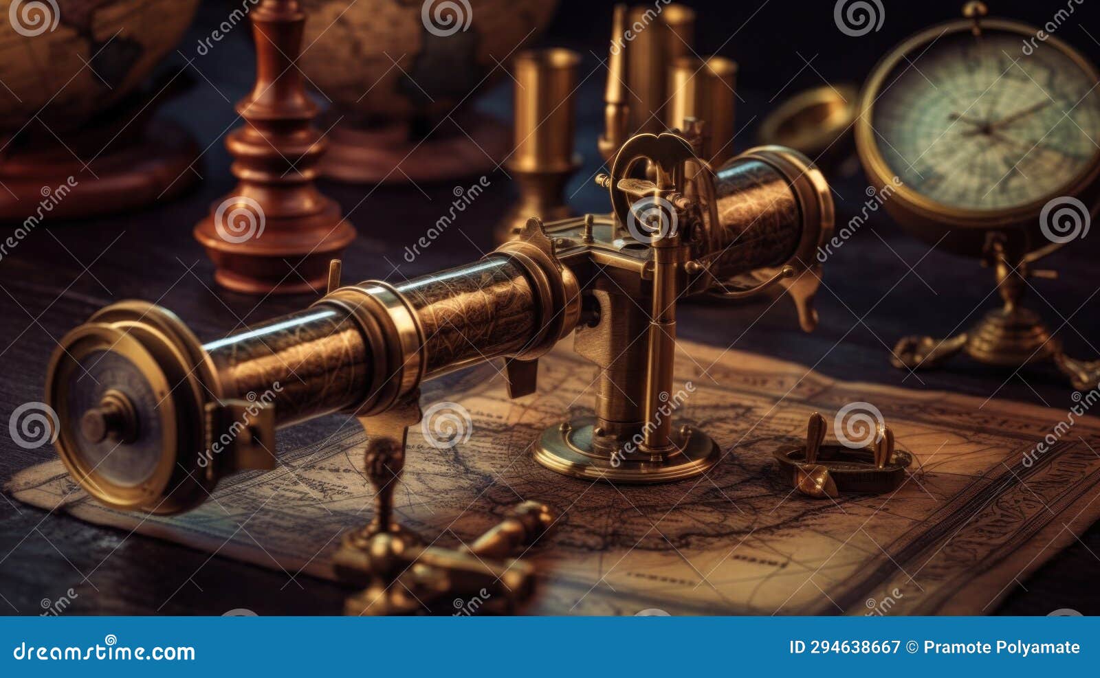 Antique Brass Telescope and Compass Old Times World Map Stock Image ...