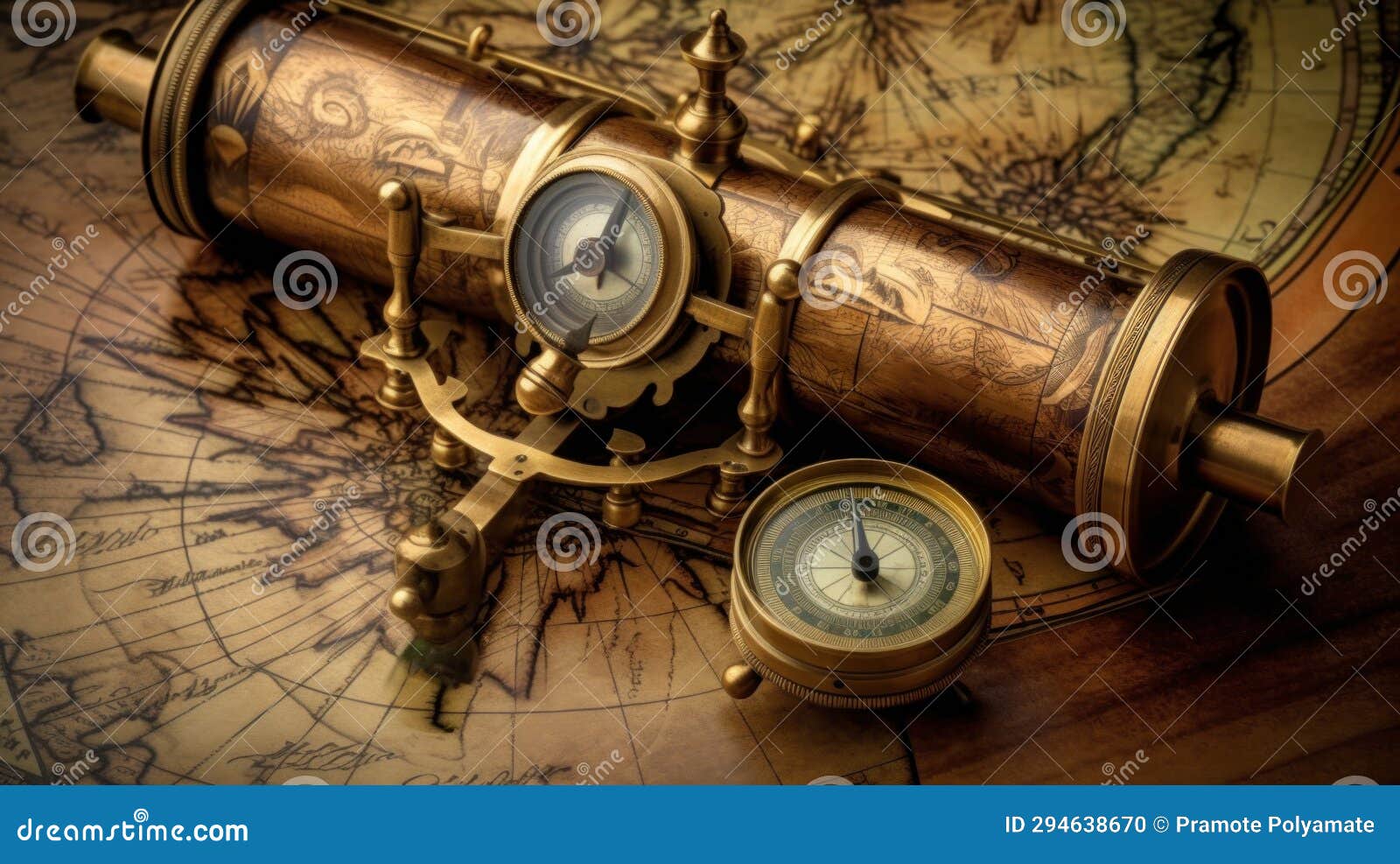Antique Brass Telescope and Compass Old Times World Map Stock Photo ...