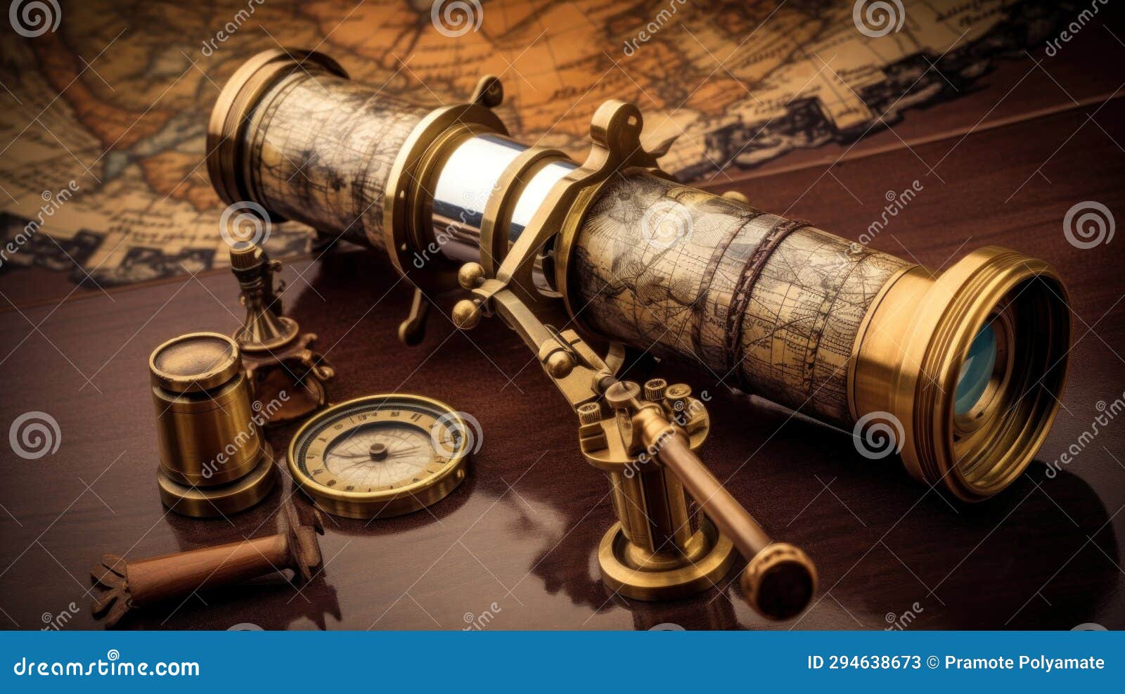 Antique Brass Telescope and Compass Old Times World Map Stock ...