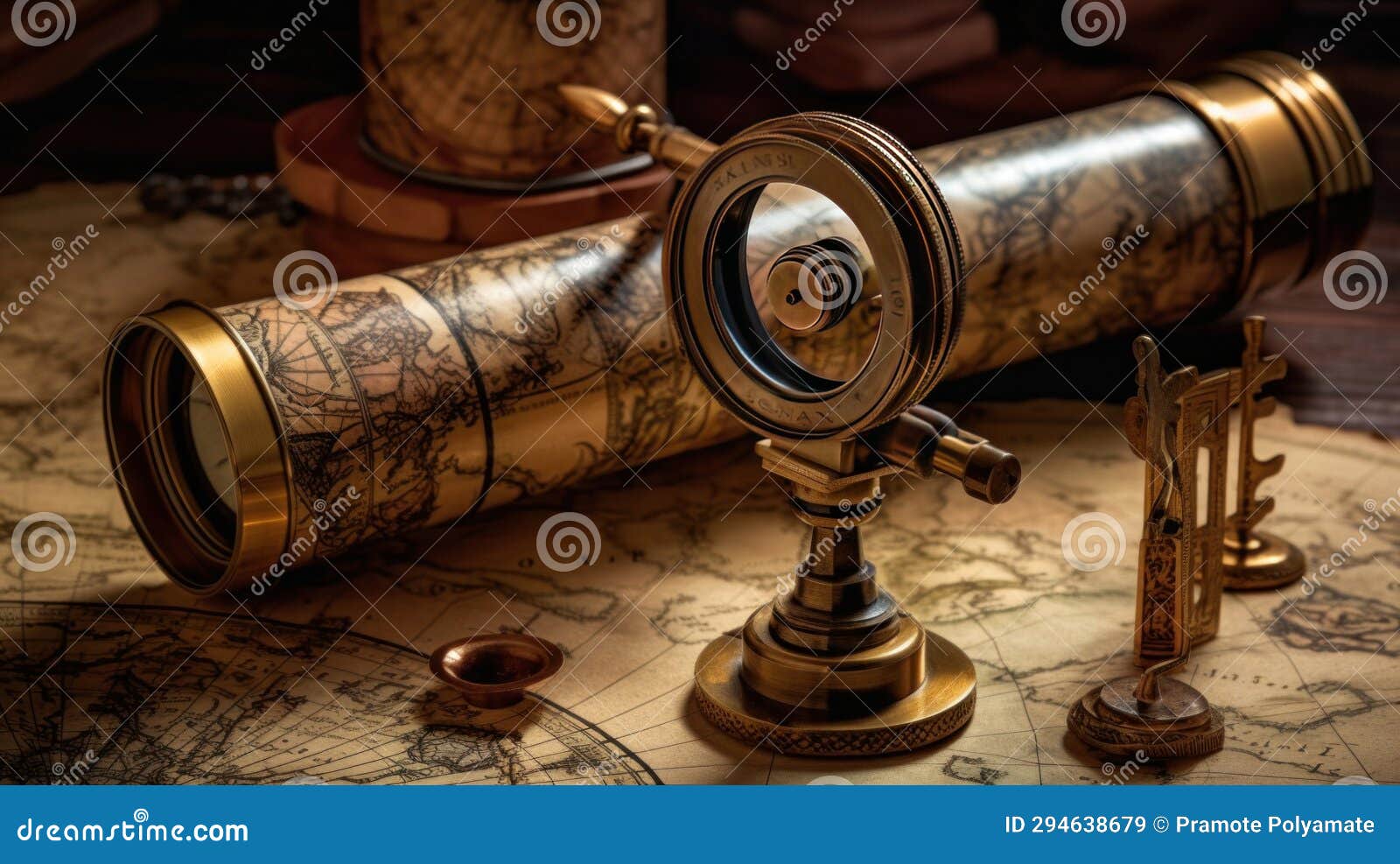 Antique Brass Telescope and Compass Old Times World Map Stock Image ...