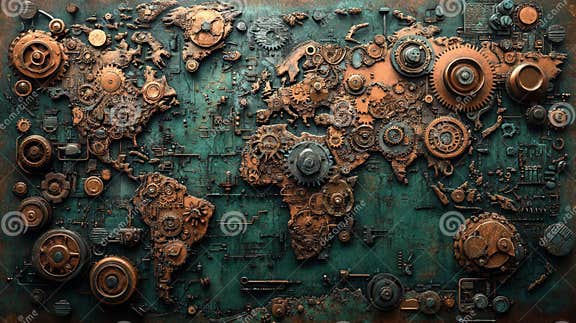 Crafted Gear World Map Made of Antique Brass Showcasing Intricate ...