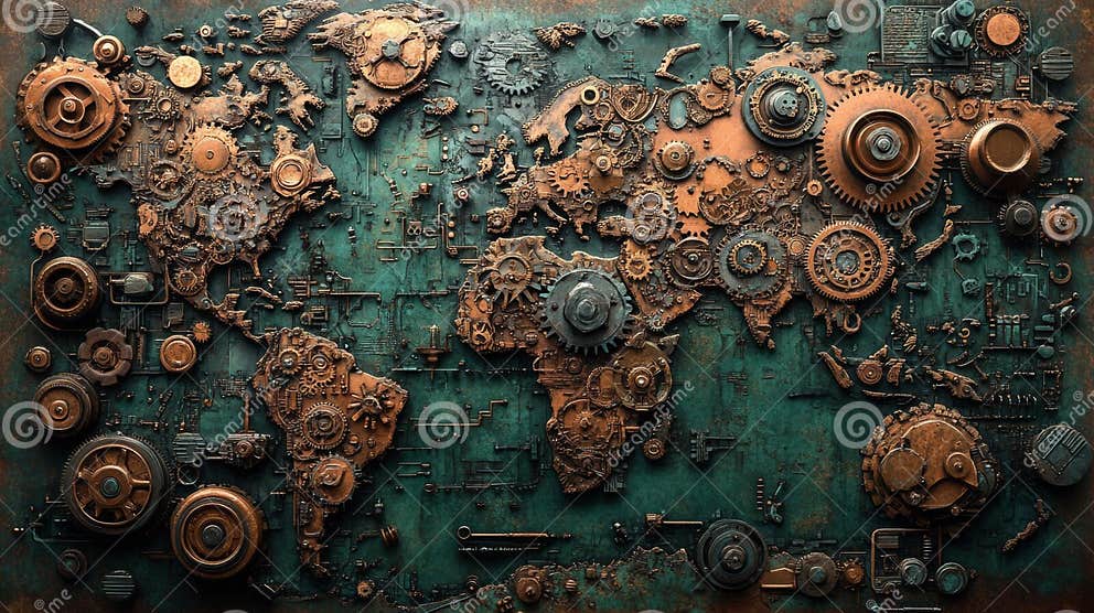 Crafted Gear World Map Made of Antique Brass Showcasing Intricate ...