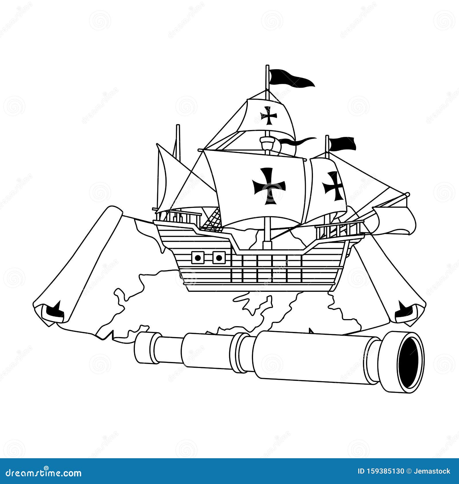 Antique Caravel Ship With Compass Navigation Cartoon Vector ...