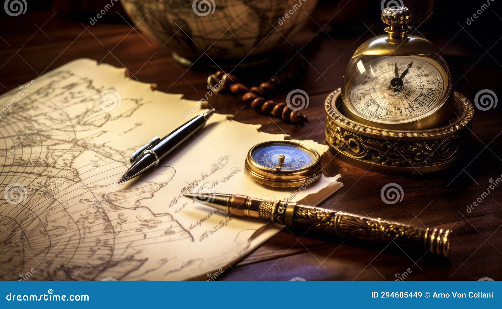 Antique Cartography: Hand-Drawn Map with Compass and Globe Stock Image ...