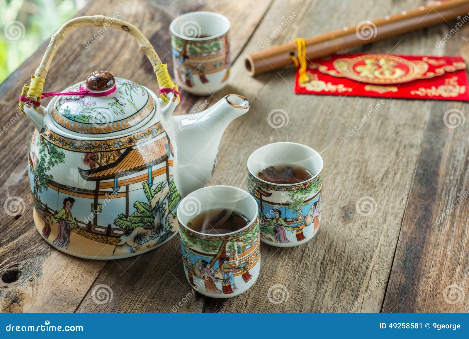Antique Chinese Tea Set on Wooden Table Stock Image - Image of ...
