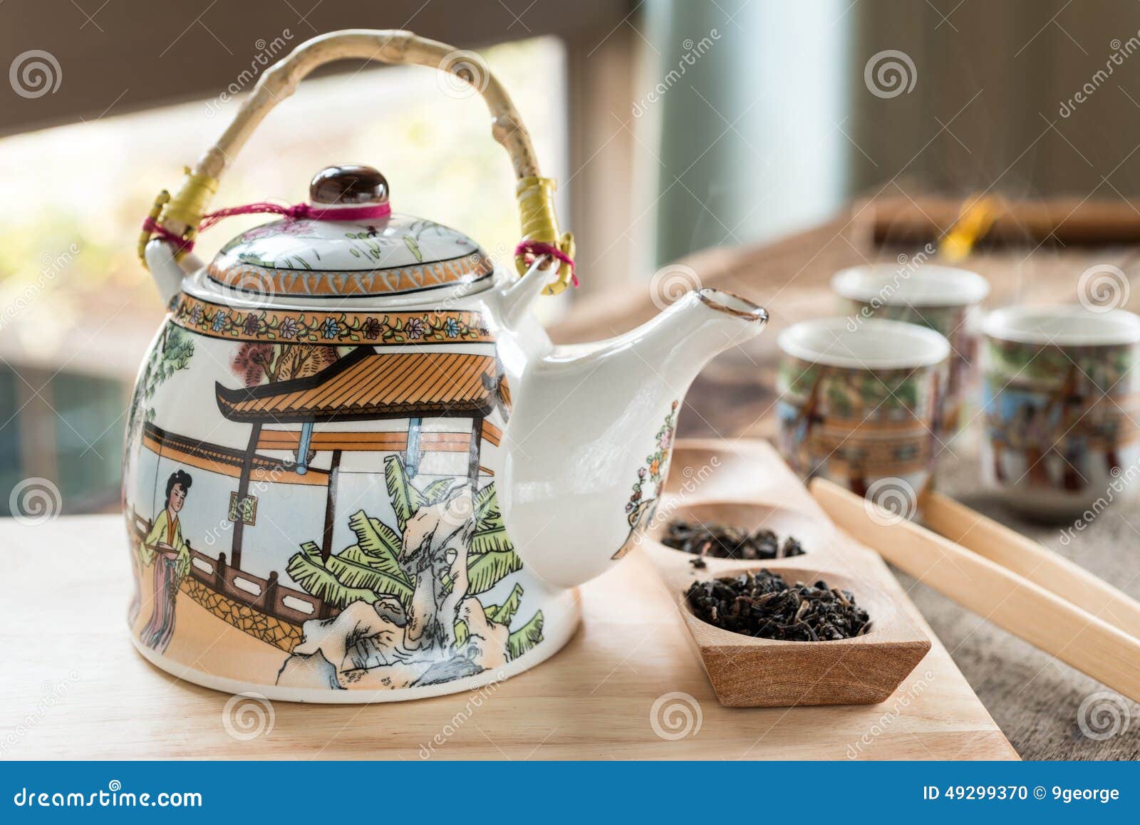 Antique Chinese Tea Set on Wooden Table Stock Photo - Image of ...